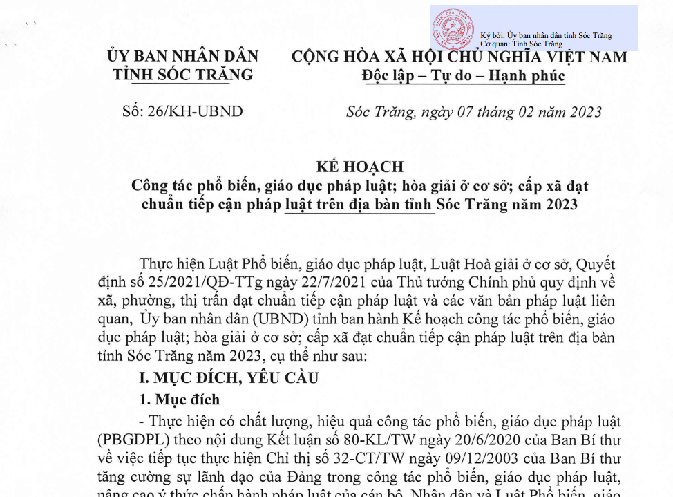 Sóc Trăng ban hành Kế hoạch công tác phổ biến, giáo dục pháp luật; hòa giải ở cơ sở; cấp xã đạt ...
